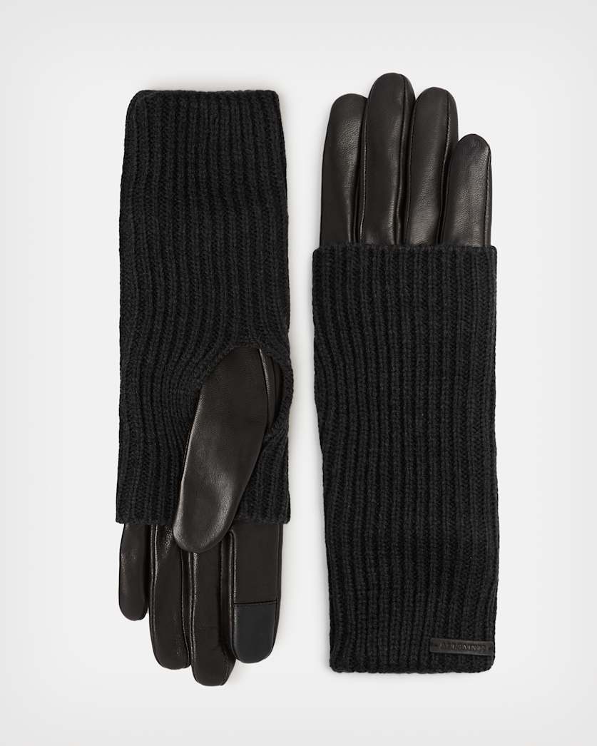 Zoya Knitted Cuff Leather Gloves Black | ALLSAINTS